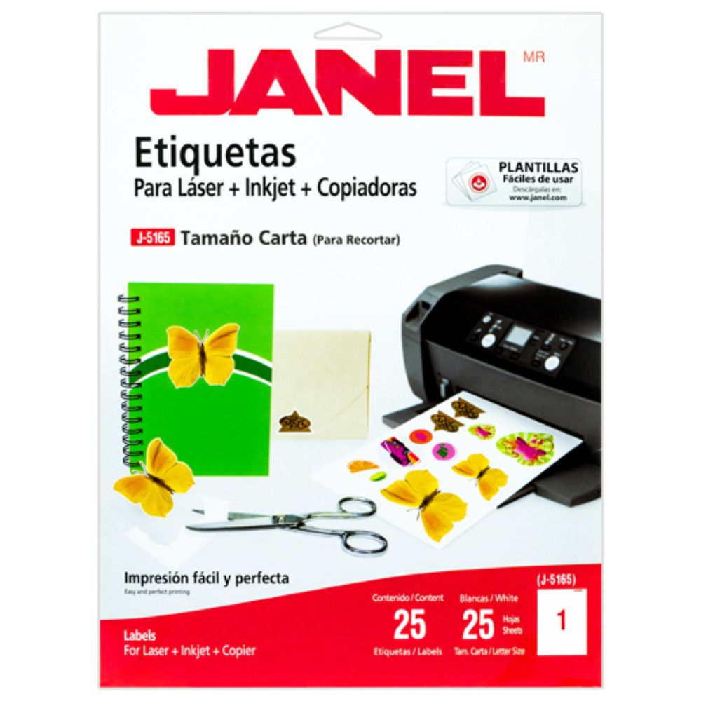Etiquetas Láser Janel J-5165 Tamaño Carta | Paquete con 25 Blancas